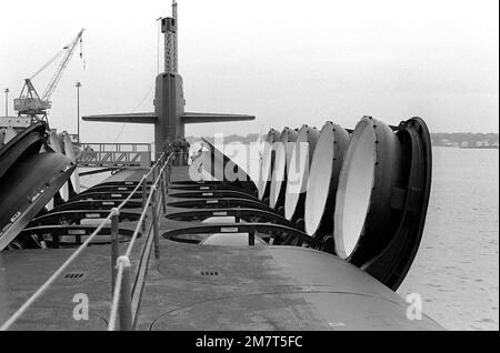 A deck view, looking toward the bow, of the nuclear-powered ballistic ...