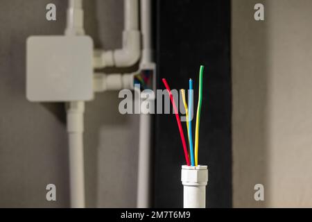 Electrician repair wire in PVC Conduit , renovate home Stock Photo - Alamy