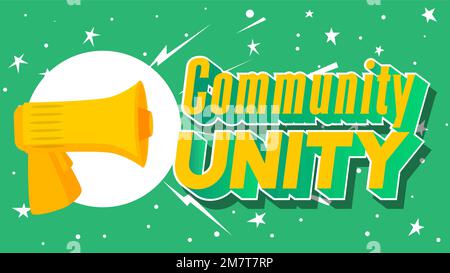 Community Unity text with cartoon Megaphone. Vector Announcement ...