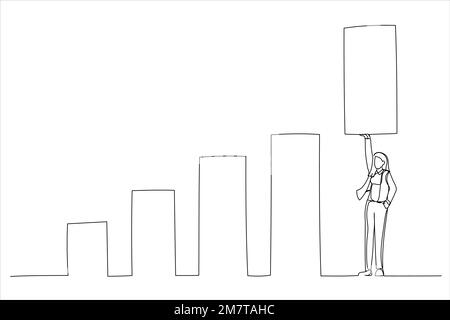 continuous line drawing of a businesswoman raising her hands up and ...