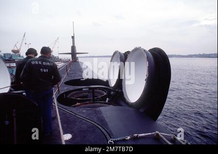 A deck view, looking toward the bow, of the nuclear-powered ballistic ...