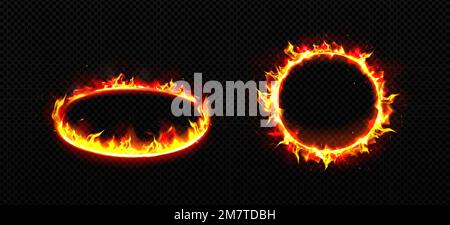 Round frames with fire. Burning rings with flame, glow effect and ...