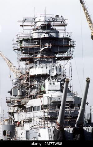 A view of the Mark 7 16-inch/50-cal. gun turret on the forward deck of ...