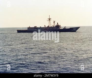Aerial starboard beam view of the Perry class guided missile frigate ...