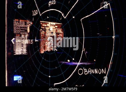 View of a radar scope in the combat information center aboard the ...