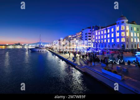 beautiful sailboats in the harbor decorated at sunset, Volos, Greece ...