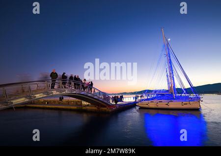beautiful sailboats in the harbor decorated at sunset, Volos, Greece ...