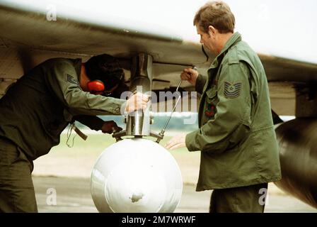 Ground crewmen from the 183rd Tactical Fighter Group attach a baggage ...
