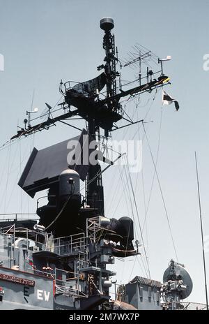 A view of the AN/SPP-51C (circular), AN/SPS-52D (large block) and AN/SPS-10F radar aboard the ...