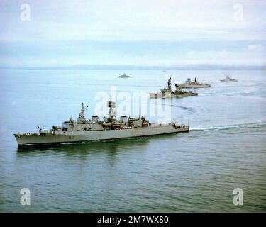 An aerial view of the Canadian frigate HMCS MARGAREE (DDH-230) underway ...