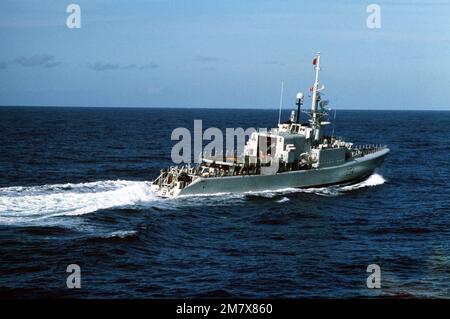A starboard view of the Canadian St. Laurent class frigate HMCS FRASER ...