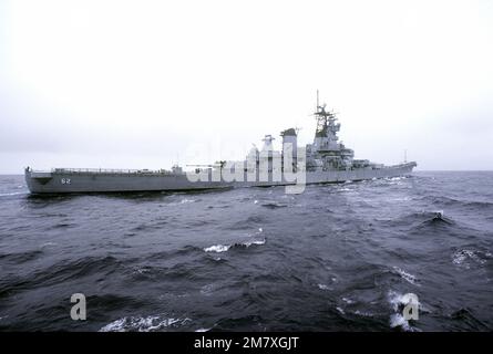 A starboard quarter view of the battleship USS NEW JERSEY (BB 62 ...