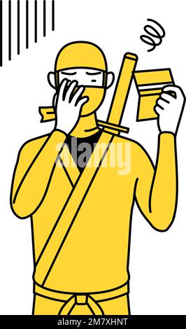 A man dressed up as a ninja looking at his bankbook and feeling ...