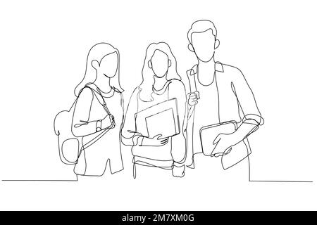 Drawing of group of students walking to school happy. Single continuous ...