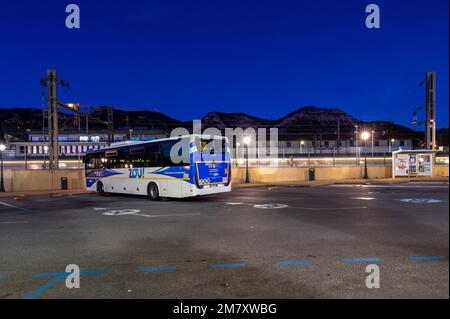 A regional bus of the Zou network awaits the arrival of passengers at ...
