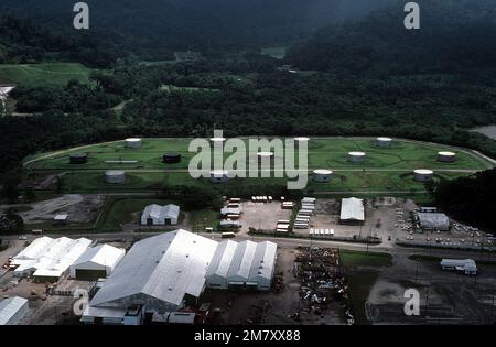 Aerial view of the fuel farm and bus and taxi complexes (right). Base ...