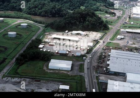 Aerial view of the fuel farm and bus and taxi complexes (right). Base ...