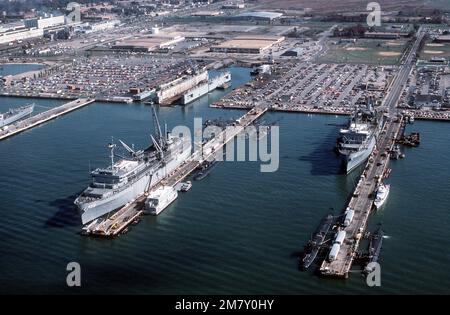 Aerial view of the submarine tenders USS EMORY S. LAND (AS-39) and USS ...