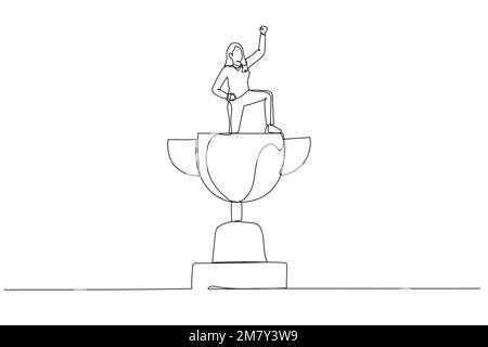 Illustration of businesswoman winner raising flag on winning trophy ...