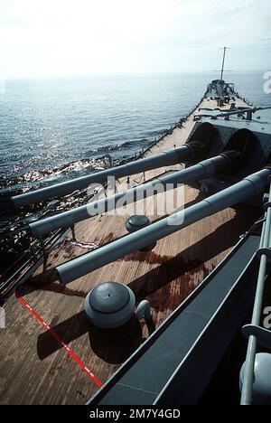A view of one of the 16-inch gun turrets of the battleship USS NEW ...