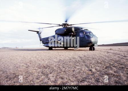 A right front view of a CH-53 Sea Stallion helicopter on the flight ...
