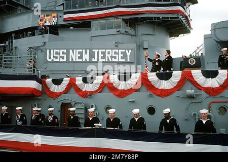Crew members man the rail aboard the first Aegis guided missile cruiser ...