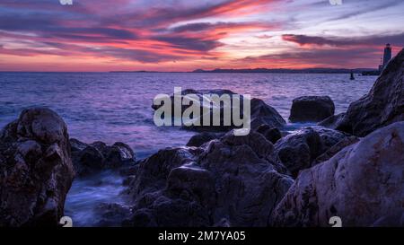 Sunset over the Baie de Anges near Nice Côte-d'Azur in France in winter ...