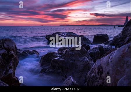 Sunset over the Baie de Anges near Nice Côte-d'Azur in France in winter ...