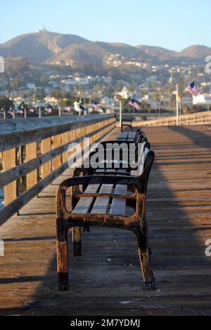 Side view of benches at sunset in Ventura Pier, California, USA Stock ...