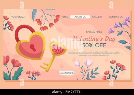 St. Valentine's Day Landing page template design. Pink closed envelop ...