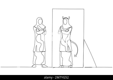 Illustration of woman wear hijab looking at the mirror seeing timid ...