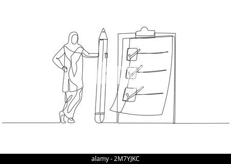 Cartoon of muslim woman holding pencil to evaluate star feedback ...