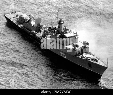 An aerial starboard bow view of a Soviet Kynda class guided missile ...