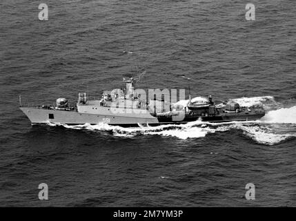 Aerial port beam view of a Soviet Grisha class frigate underway ...