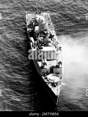 An aerial starboard bow view of the Soviet Krivak I Class guided ...