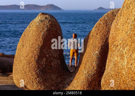 PINK GRANITE BOULDERS AT SUNSET, RENOTE ISLAND POINT, TREGASTEL, PINK ...