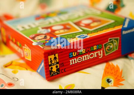 A closeup shot of Ravensburger brand Super Mario Memory card game in a ...