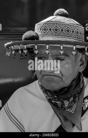 old man of the huichol wixarika culture with his traditional hat ...