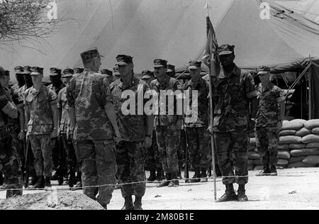 GEN Robert H. Barrow inspects a Marine during an honors ceremony ...