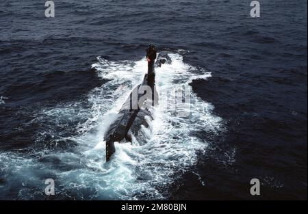 Aerial starboard quarter view of the research submarine USS DOLPHIN ...