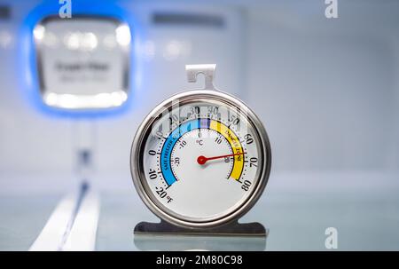 Refrigerator thermometer in cold storage unit. Refrigeration safety ...