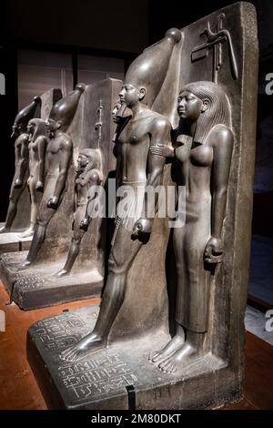 STATUARY FROM THE OLD EMPIRE, THE TRIAD OF PHARAOH MYKERINOS FLANKED BY ...