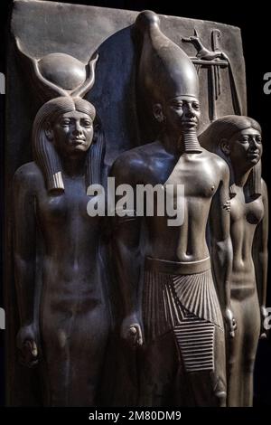 STATUARY FROM THE OLD EMPIRE, THE TRIAD OF PHARAOH MYKERINOS FLANKED BY ...