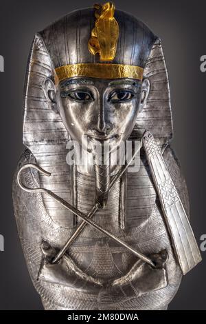 Solid silver sarcophagus of the ancient Egyptian Late period Pharaoh ...