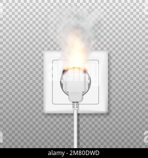 Fire wiring. Realistic socket and plug on fire from overload ...