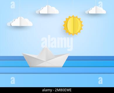 Origami boat sailing in blue ocean , paper art style. Vector ...