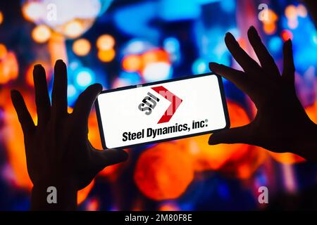 In this photo illustration, the Steel Dynamics company logo is seen ...