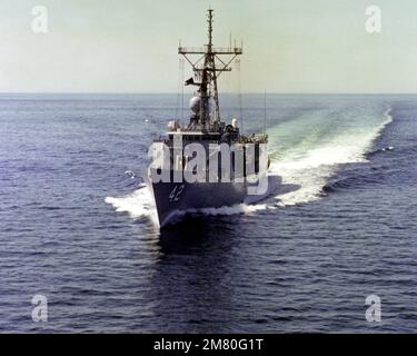 An elevated port bow view of the guided missile frigate NICHOLAS (FFG ...