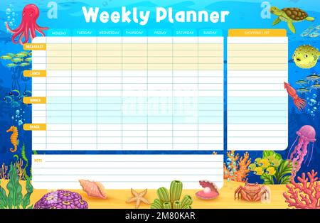 Weekly planner template with sea animals silhouette. Schedule design ...
