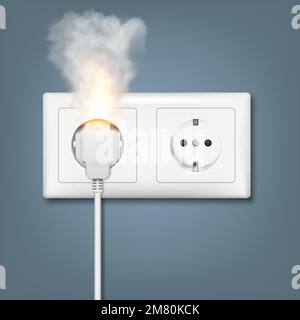 Fire wiring. Socket on fire from overload. Electrical safety concept ...